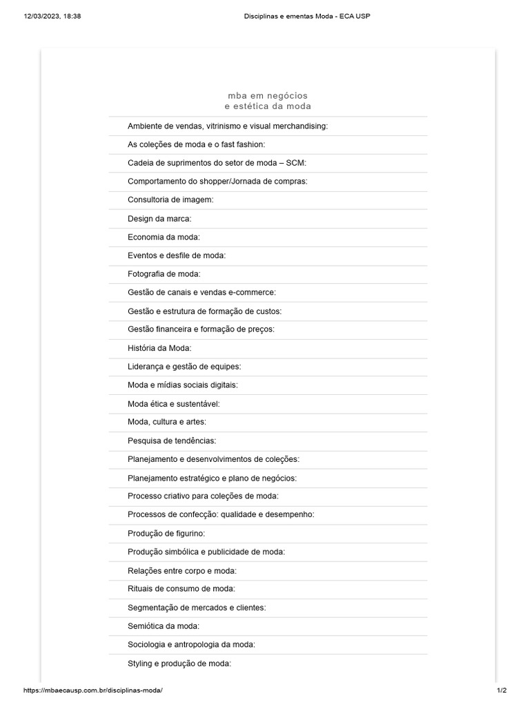 Disciplinas e Ementas Moda - ECA USP | PDF | Moda | Cadeia de suprimentos