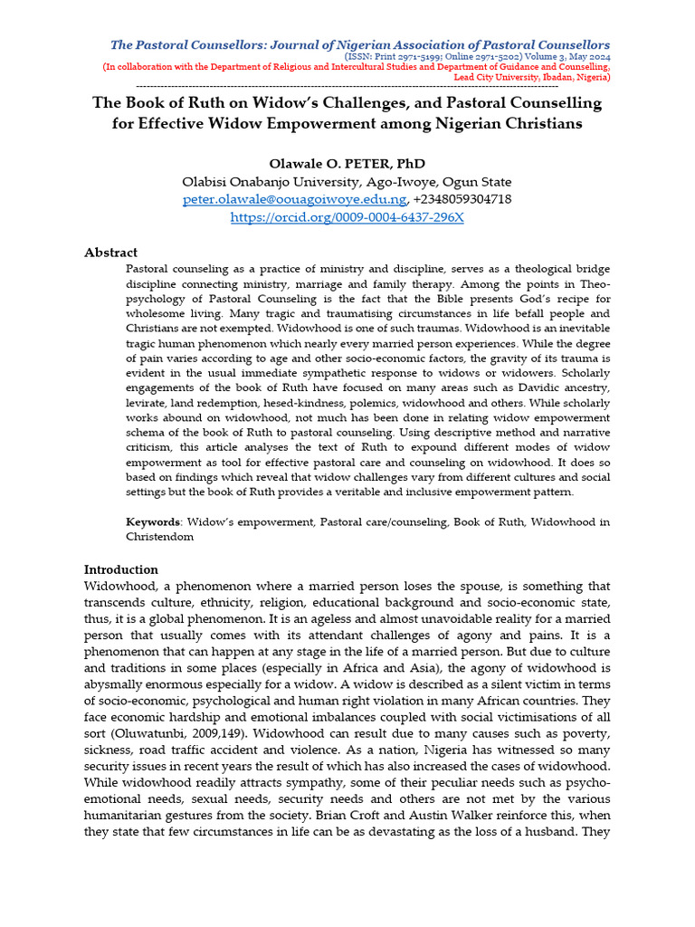 The Book of Ruth On Widow's Challenges, and Pastoral Counselling For ...
