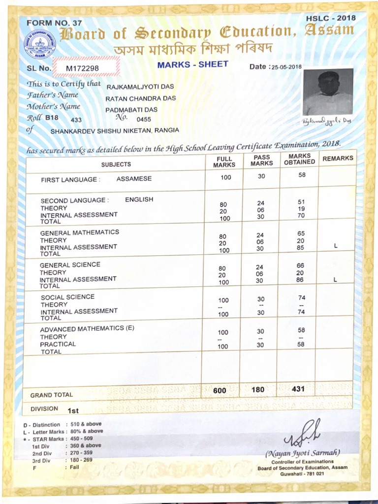 Marksheet HSLC | PDF