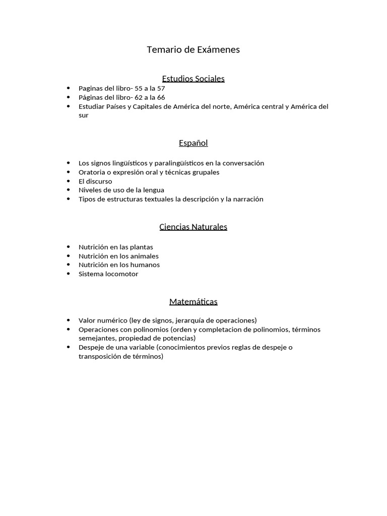 Temario de Exámenes | PDF