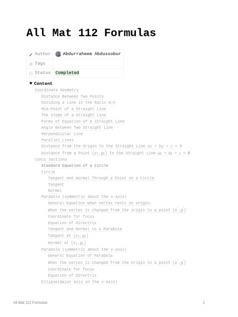 All Mat 113 Formulas (Main Update 1) - A4 | PDF | Ellipse | Elementary Geometry