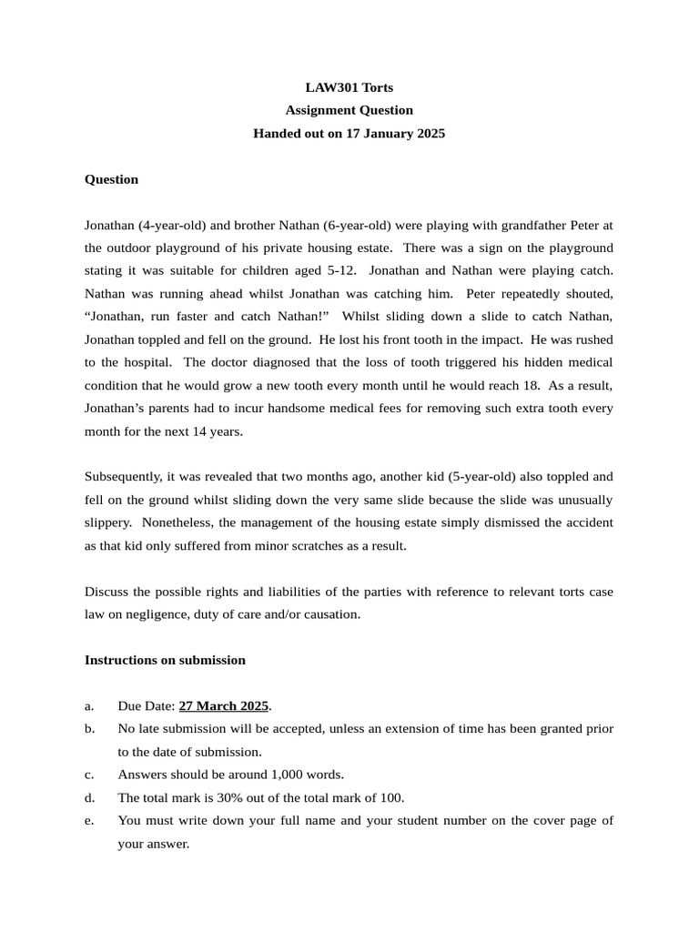 LAW301 Torts - Assignment Question 2024-2025 | PDF | Tort | Plagiarism
