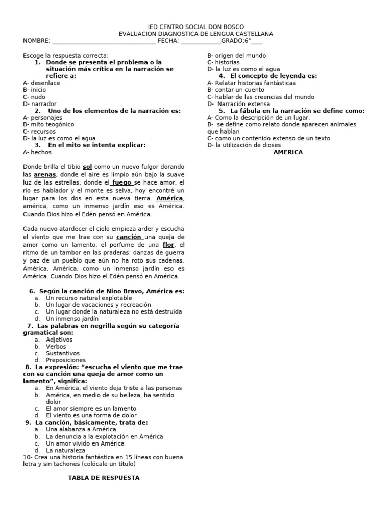 6° Evaluacion Diagnostico Lengua Castellana | PDF | Narración
