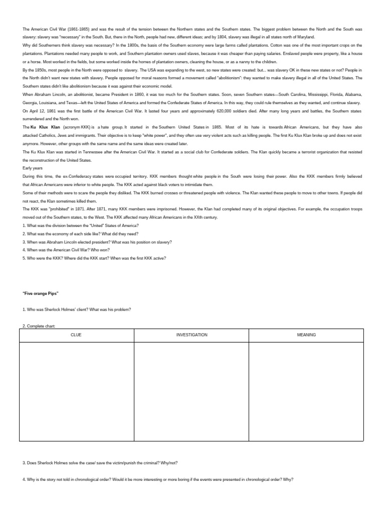 Handouts Five Orange Pips 2025 | PDF | Ku Klux Klan | Southern United ...