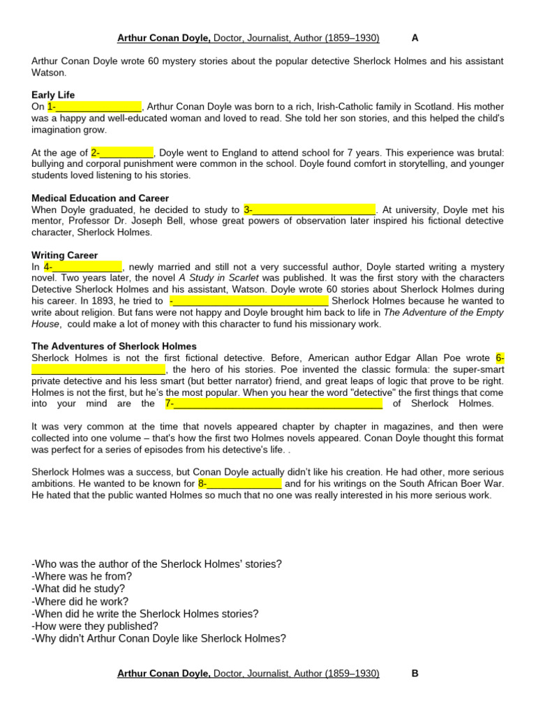 Handouts Arthur Conan Doyle 3rd Adol 2025 | PDF | Sherlock Holmes ...