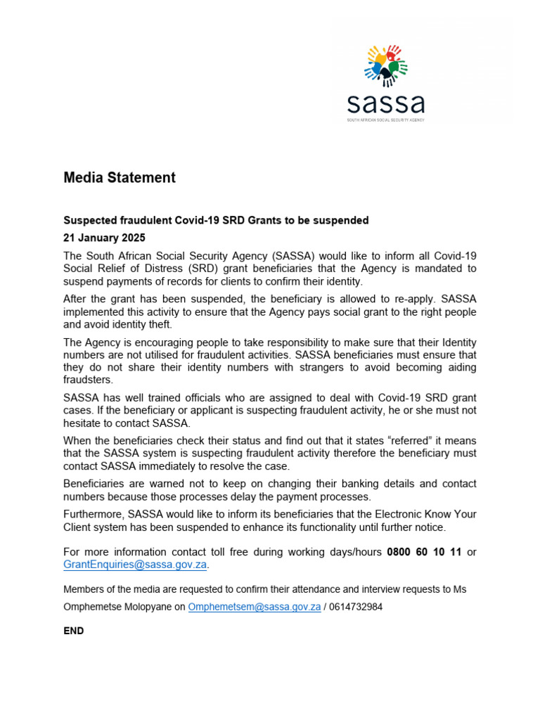 Media Statement Suspected Fraudulent Covid-19 SRD Grants To Be ...