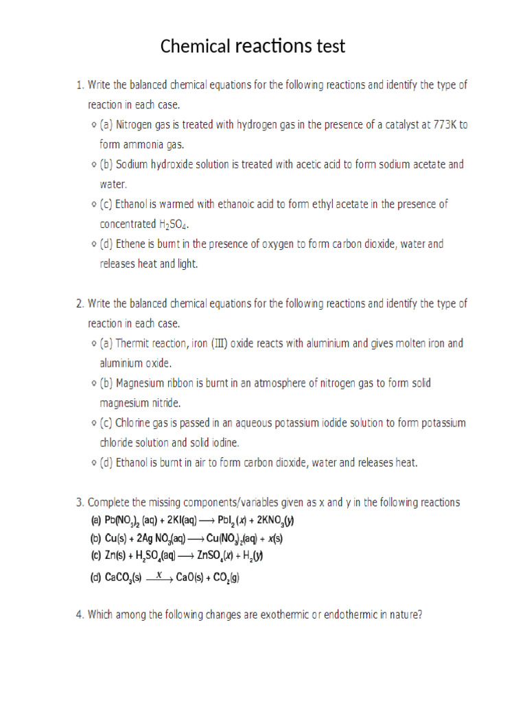 chemical reactions test | PDF