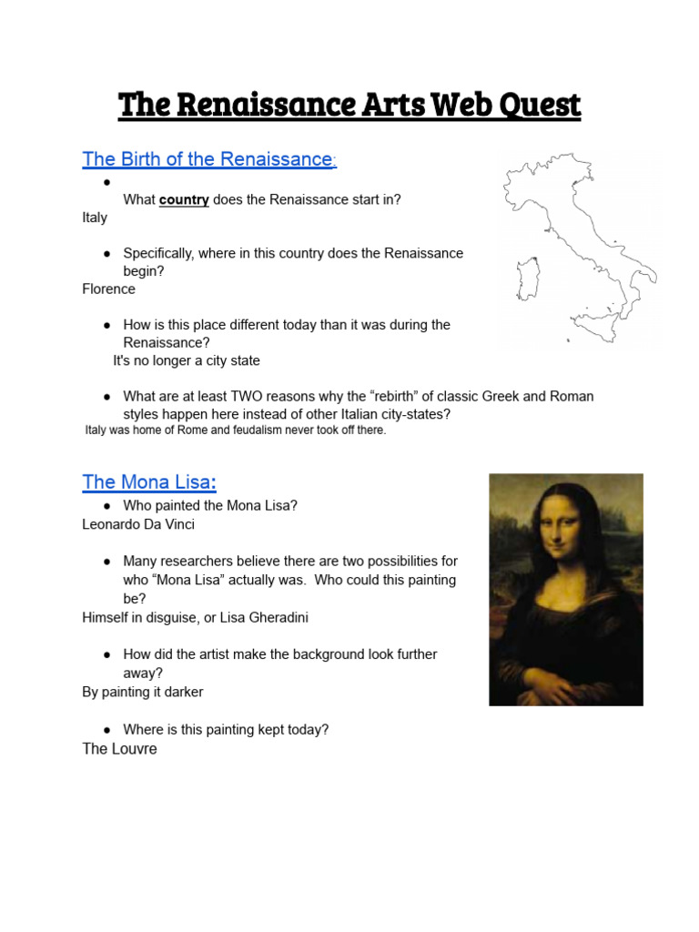 The Renaissance Arts Web Quest | PDF