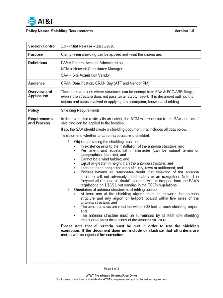 AT&T CRAN Shielding Document Requirements v1.0 | PDF | Federal Aviation Administration