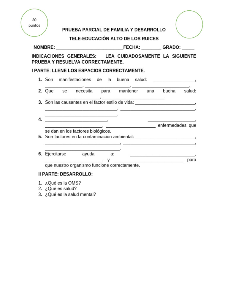 Prueba Parcial de Familia y Desarrollo | PDF