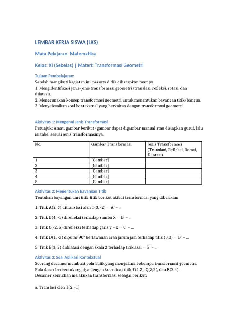 LKS Transformasi Geometri SMK Kelas XI | PDF