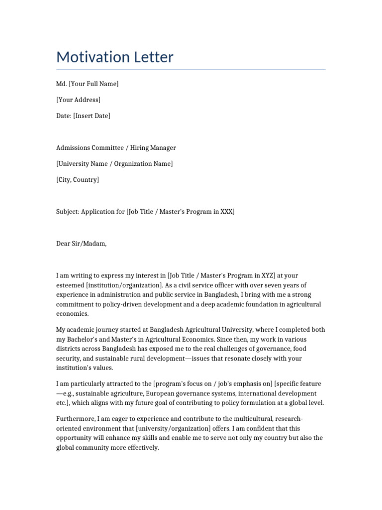 Motivation Letter MD (Your Name) | PDF