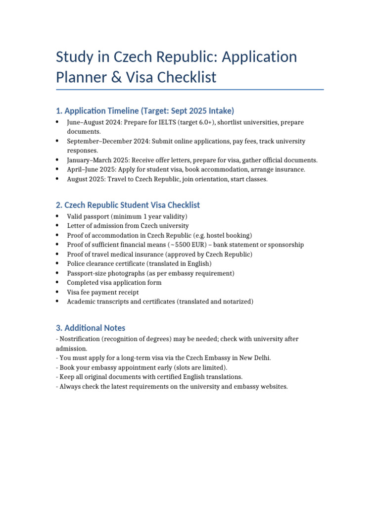 Czech Republic Student Visa Checklist | PDF