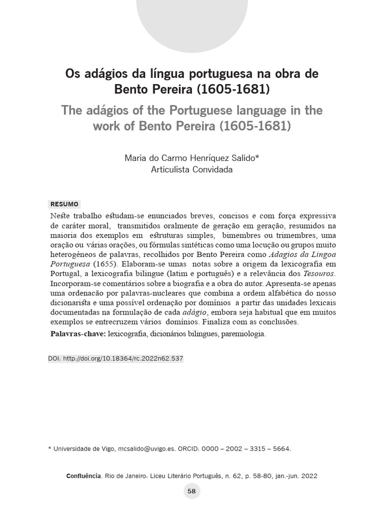 Os Adágios Da Língua Portuguesa Na Obra de Bento Pereira | PDF ...