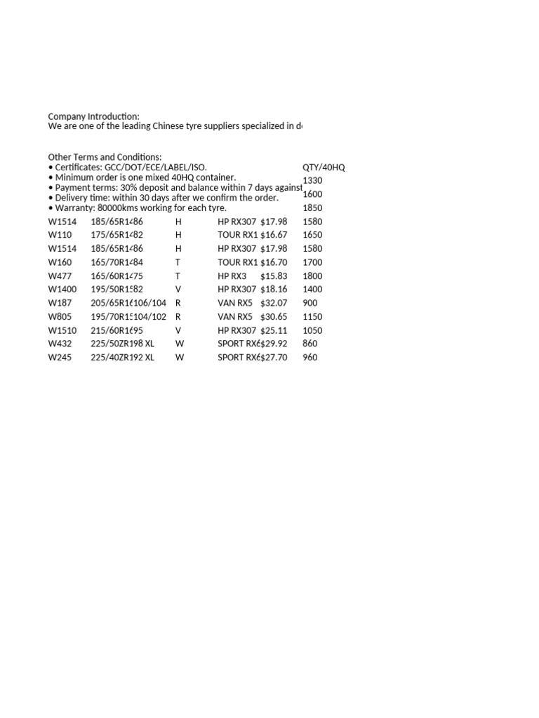 Tyre Quotation Format and Pricing | PDF