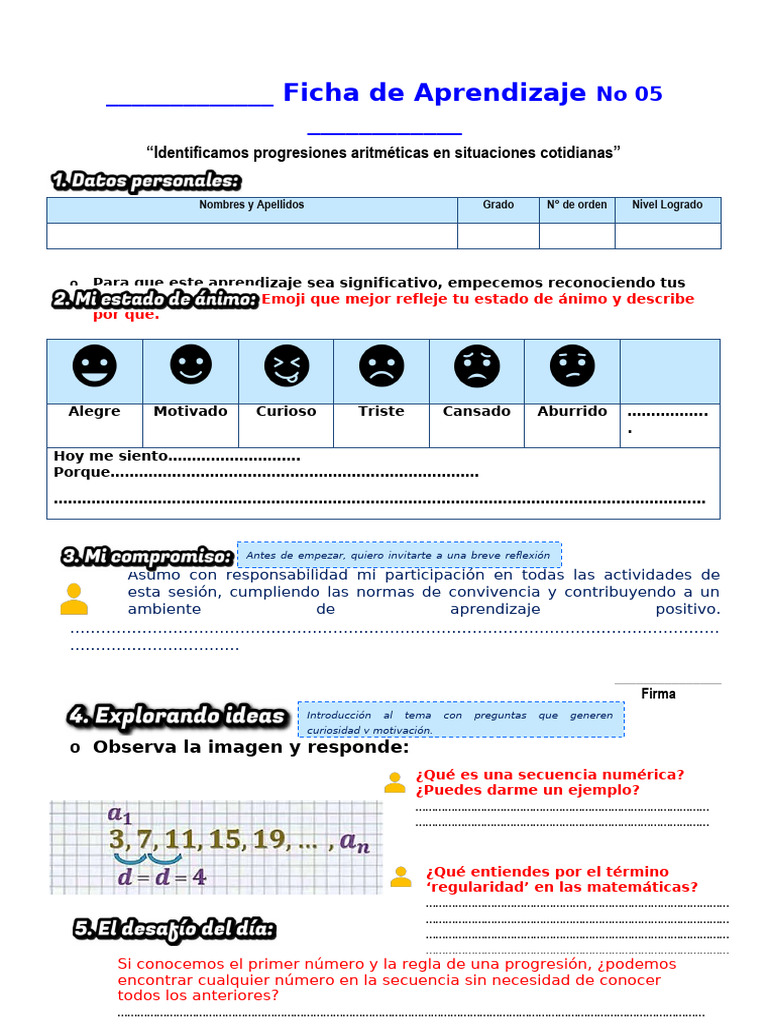 FICHA 05 - Identificamos Progresiones Aritméticas en Situaciones Cotidianas - 1RO | PDF ...