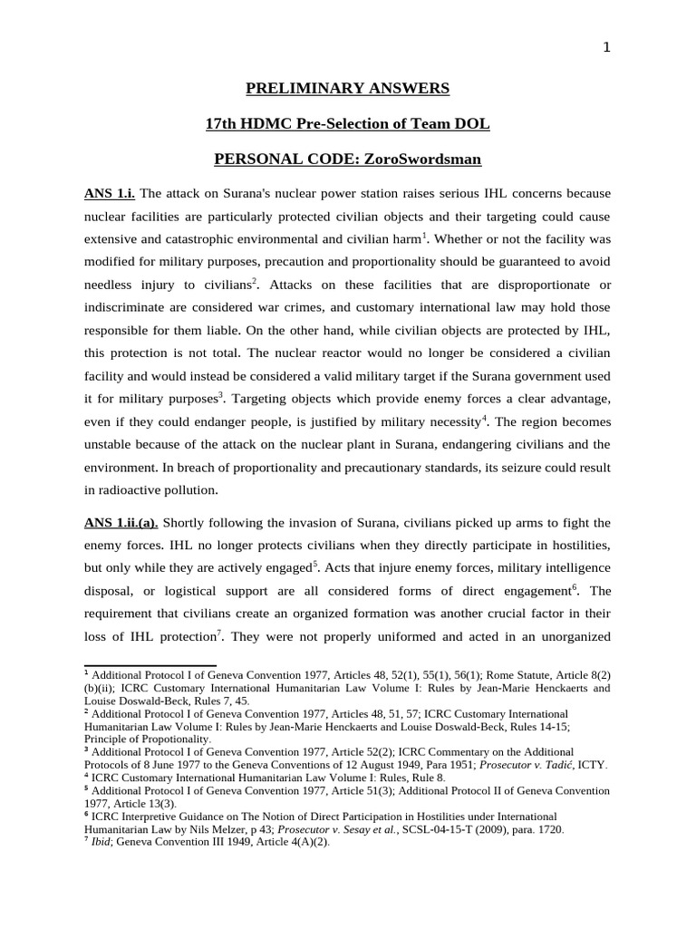 Preliminary Answers (Zoroswordsman) | PDF | International Humanitarian ...