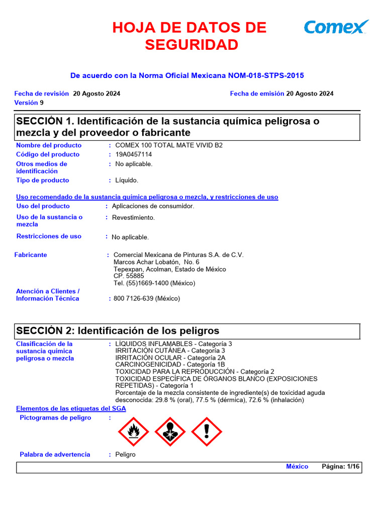 Hoja De Seguridad Comex 100 Total B2 Pdf Solubilidad Agua