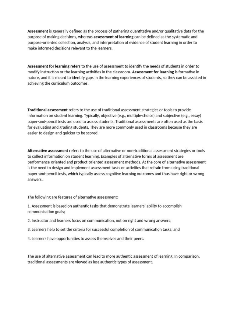Assessment in Learning 2 - Lesson 1 - Alternative Assessment | PDF | Educational Assessment ...