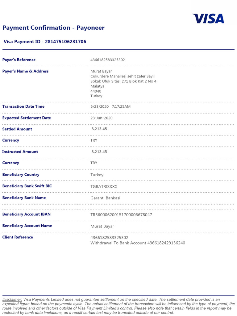 Payment Confirmation - Payoneer | PDF