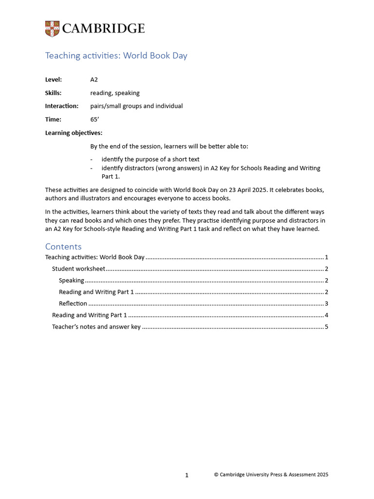 Teaching Activities World Book Day | PDF | Learning | Literacy