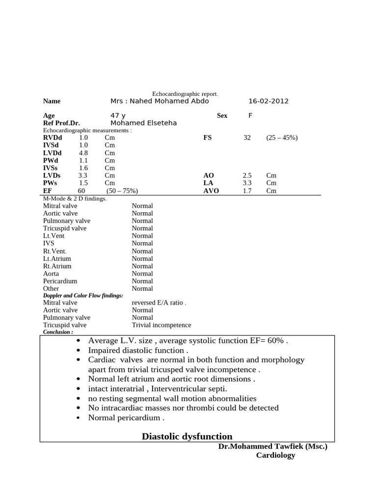 Echocardiogram Report for Nahed Abdo | PDF