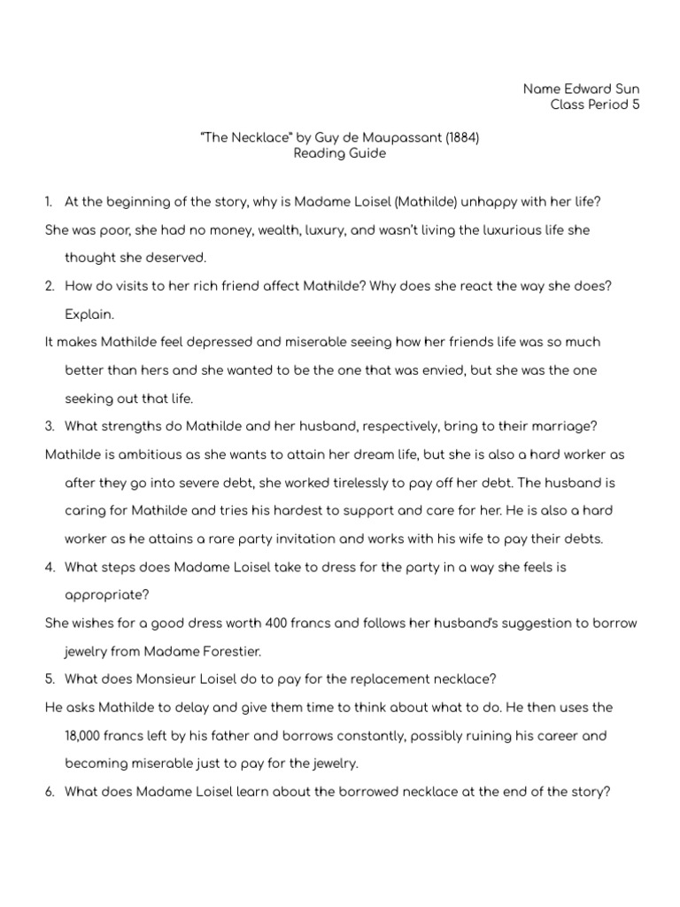 The Necklace - Reading Guide | PDF