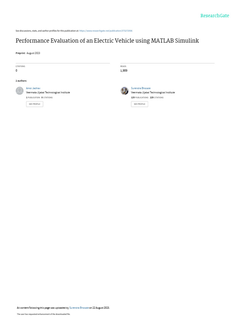 Performance Evaluation of An Electric Vehicle Using MATLAB Simulink ...
