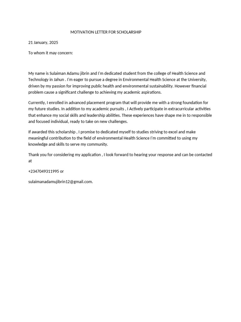 Motivation Letter For Scholarship | PDF