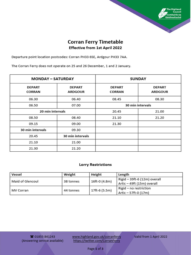 Corran Ferry Timetable and Fares 2022 | PDF | Truck | Bus