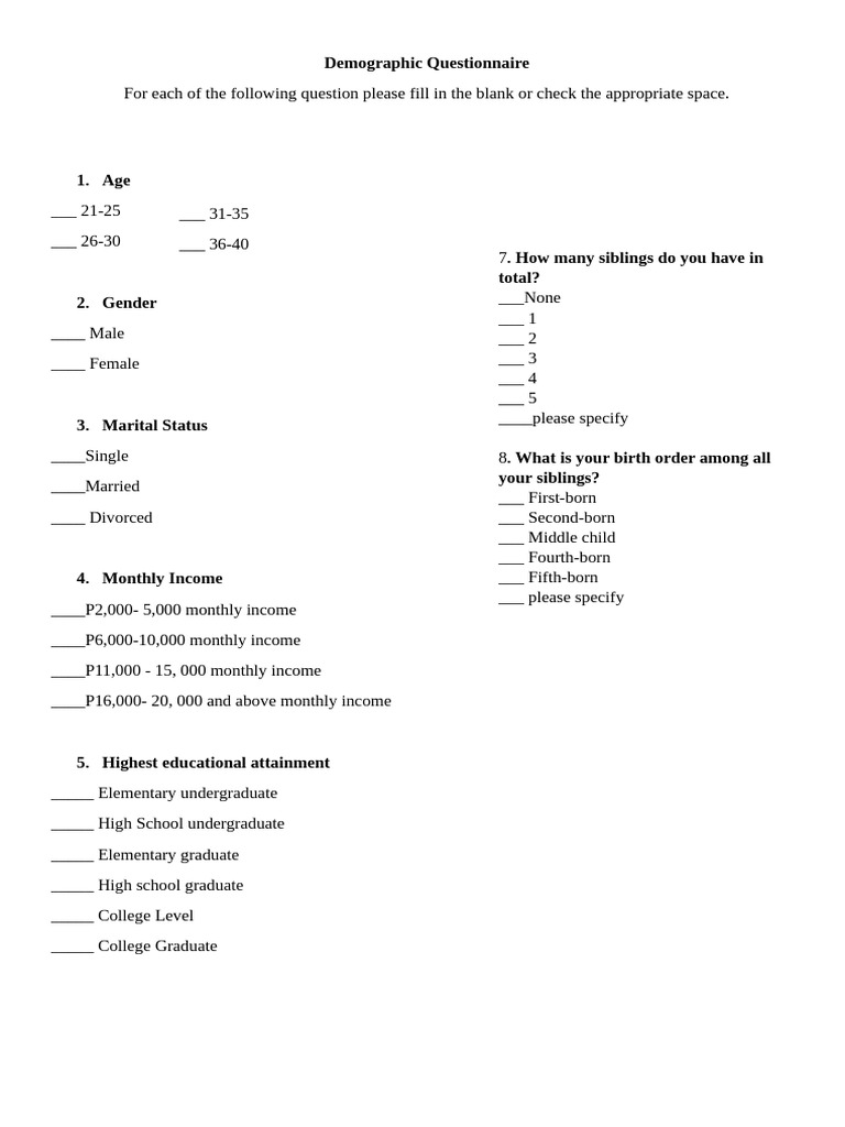 Demographic Questionnaire | PDF