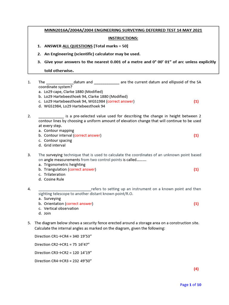 Engineering Surveying Deferred Test 14 May 2021 | PDF | Surveying ...