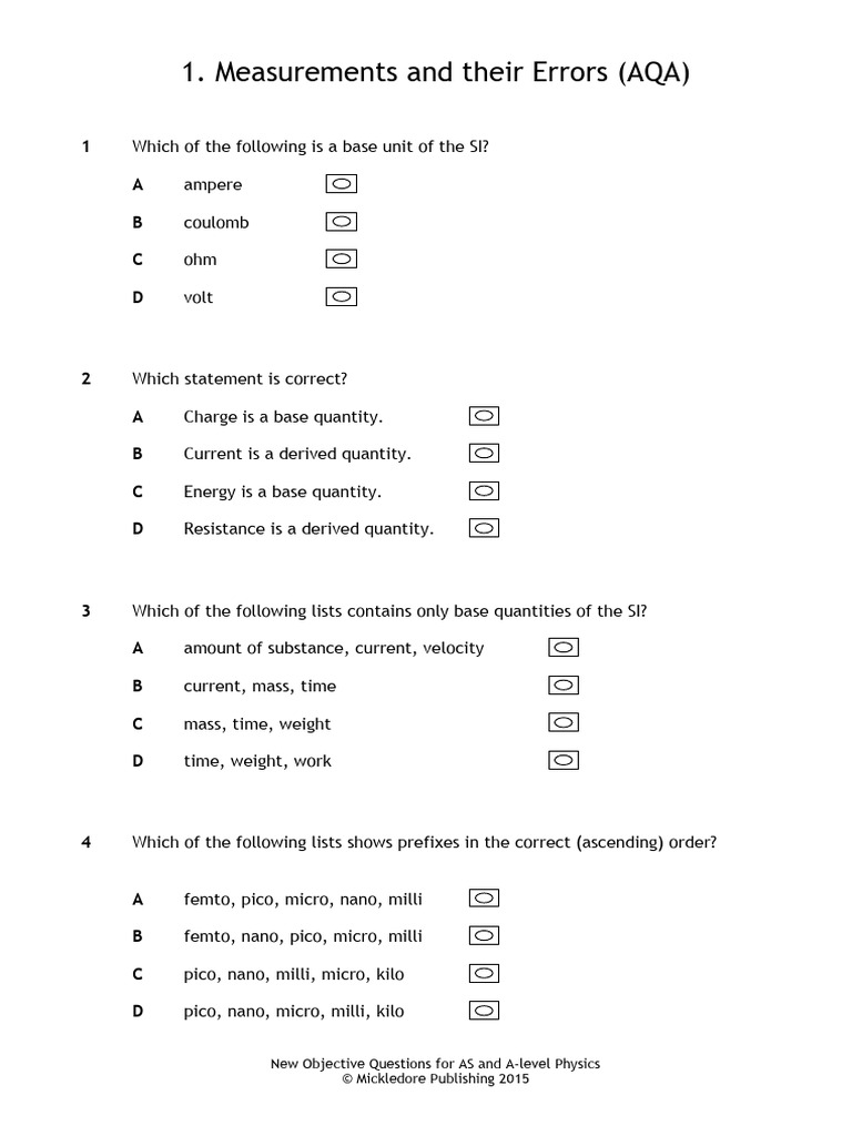Loreto Measurements & Their Errors MCQ | PDF | Measurement | International System Of Units