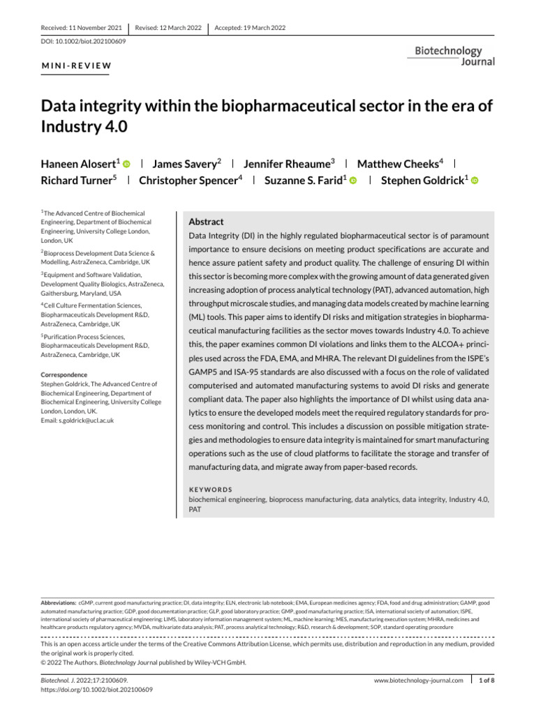 Biotechnology Journal - 2022 - Alosert - Data Integrity Within The ...