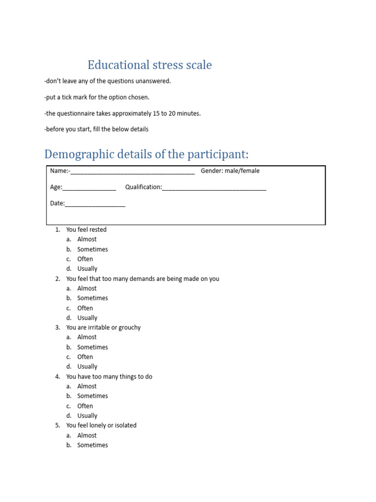 Educational Stress Scale | PDF | Behavioural Sciences | Psychology