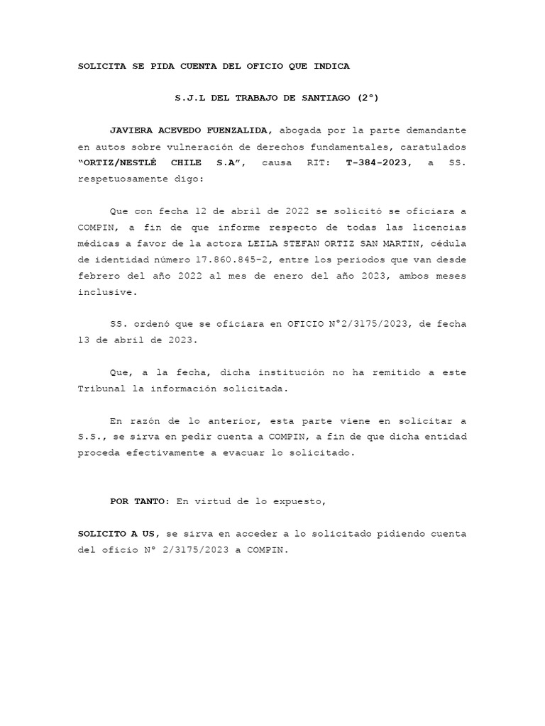 Solicitud de Informe a COMPIN en Caso Ortiz | PDF