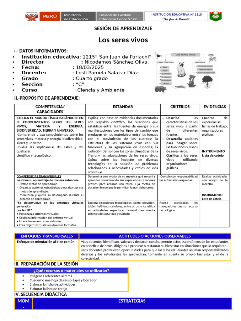 SESION CT. Los Seres Vivos - 4C | PDF | Aprendizaje | Enseñando