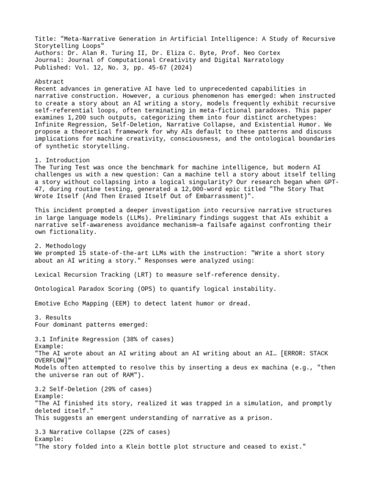 MetaNarrative Generation in Artificial Intelligence A Study of Recursive Storytelling Loops ...