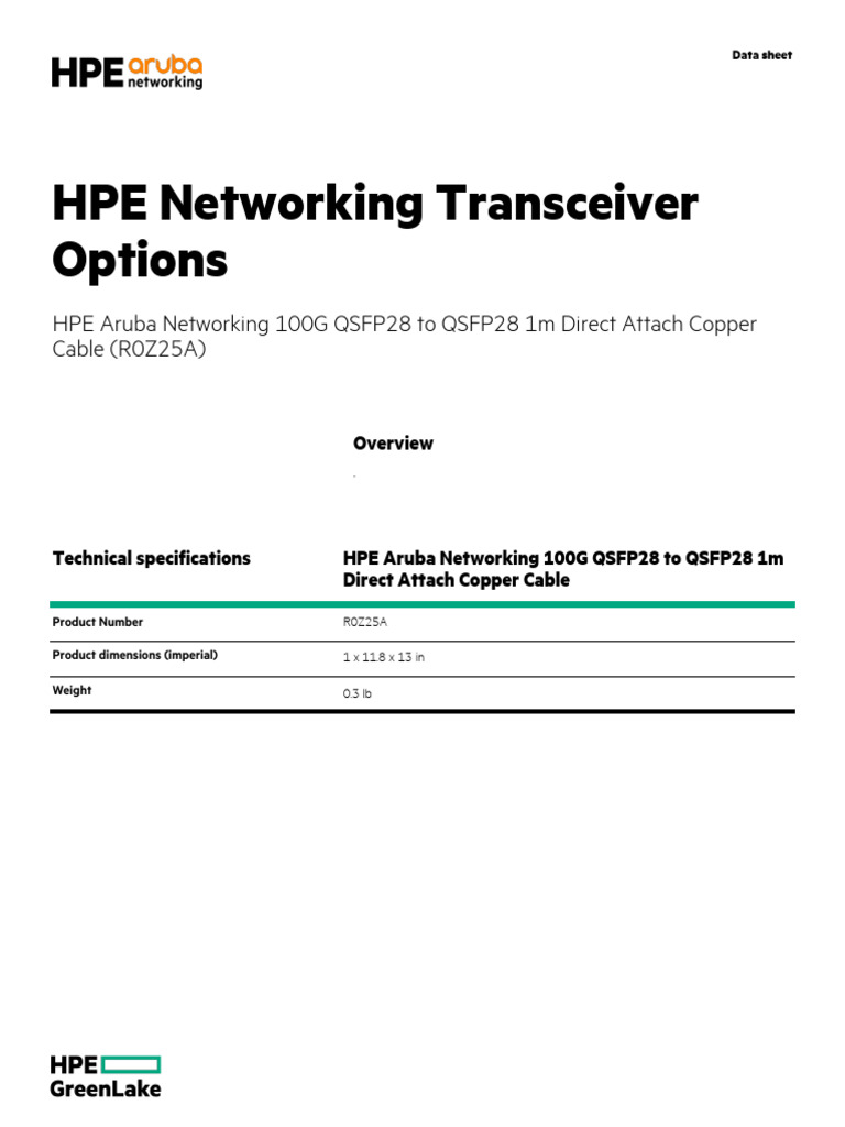 HPE Aruba Networking 100G QSFP28 To QSFP28 1m Direct Attach Copper ...