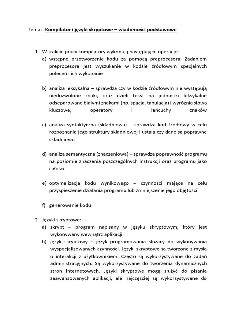 03 Kompilator I Języki Skryptowe - Wiadomości Podstawowe | PDF