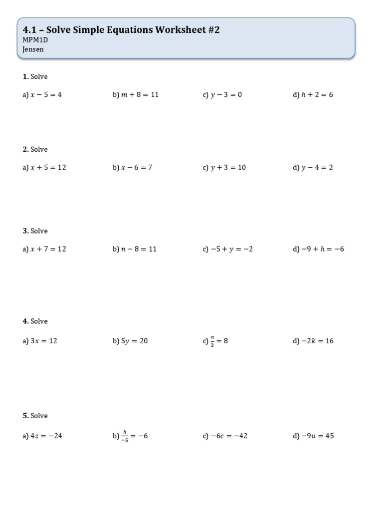 4.1 - Solve Simple Equations Worksheet #2: Mpm1D Jensen | PDF ...