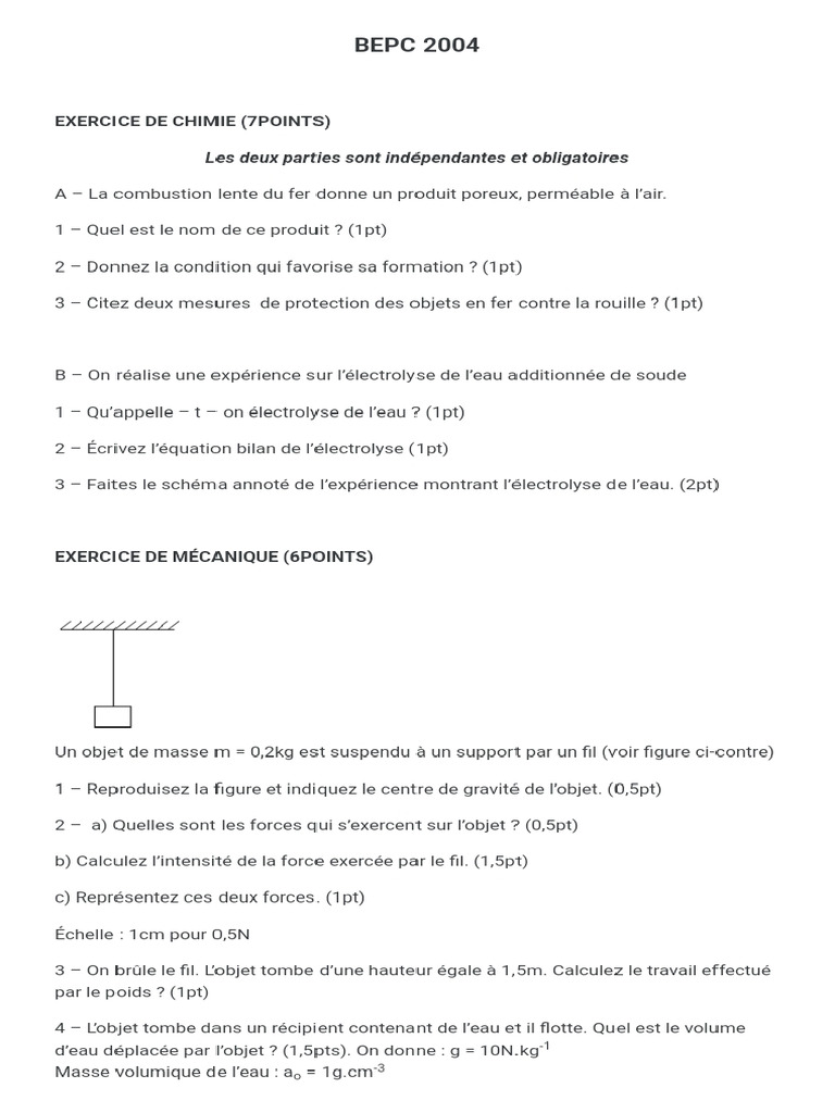 sujet BEPC PC 2004 | PDF