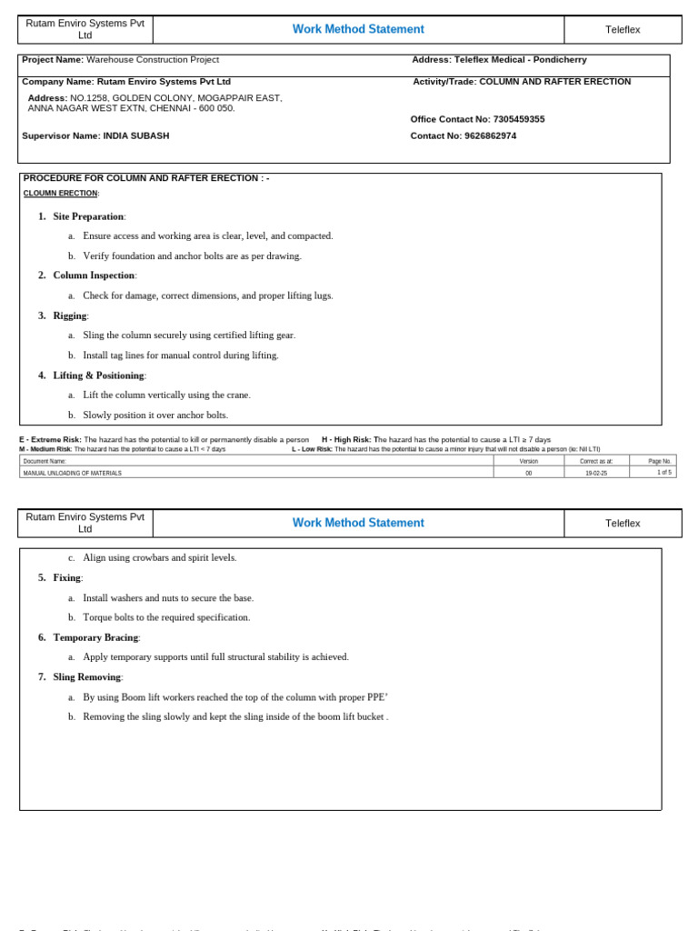COLUMN ERECTION- Work Method Statement (WMS). | PDF