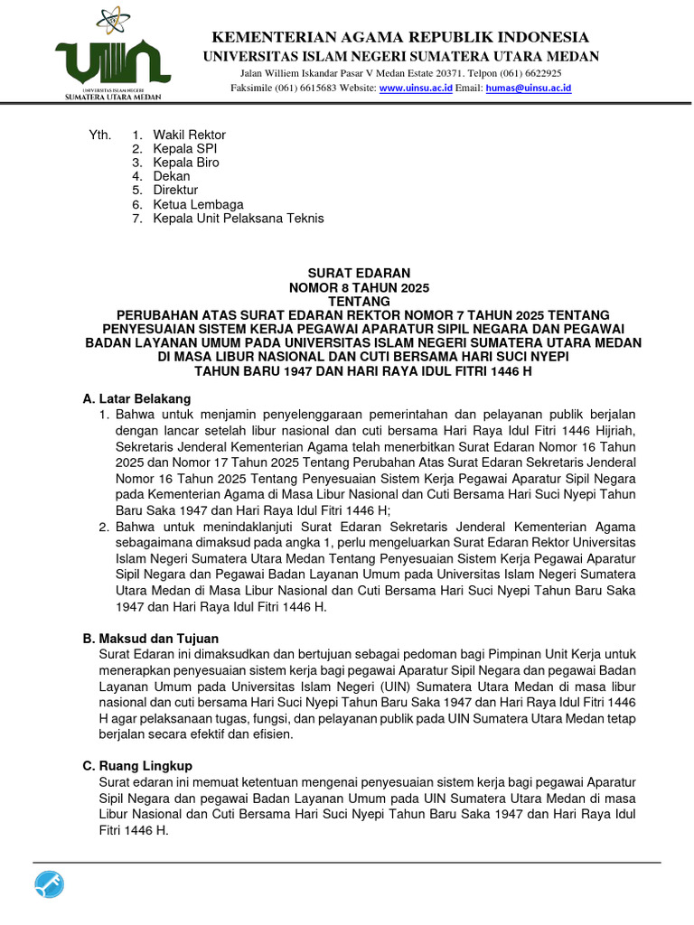 ER 8 Perubahan ER 7 Tentang Penyesuaian Sistem Kerja Pegawai ASN dan BLU UIN SU Medan | PDF