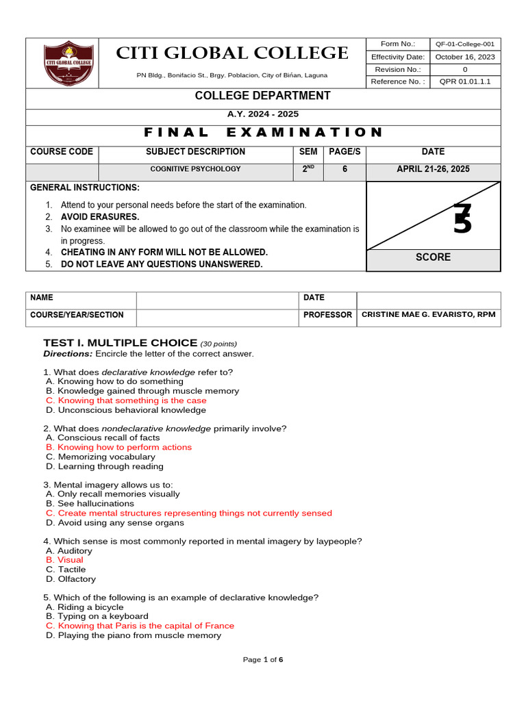 (ANSWER SHEET) Finals-Exam - COGNITIVE PSYCHOLOGY | PDF | Mental Image ...