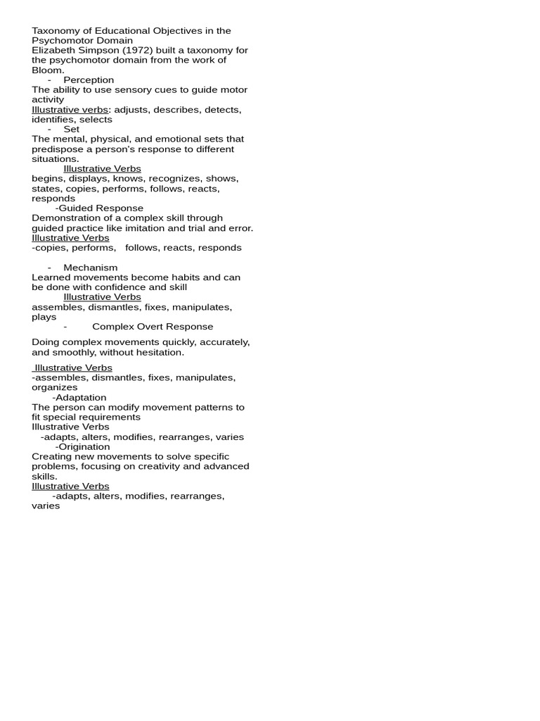 Taxonomy of Educational Objectives in The Psychomotor Domain | PDF