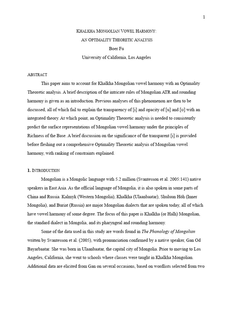 Khalkha Mongolian Vowel Harmony | PDF | Phoneme | Vowel
