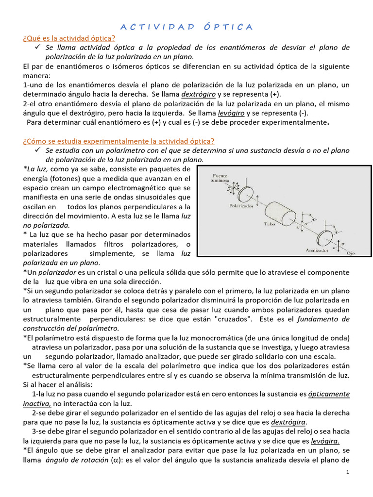 Actividad óptica: levógiro y dextrógiro | PDF | Polarización (ondas ...
