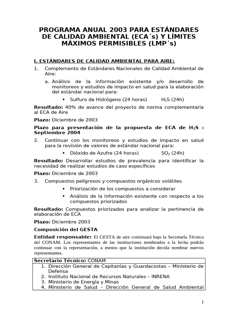 Programa ECA y LMP - 2003 | PDF | Perú | Dióxido de azufre