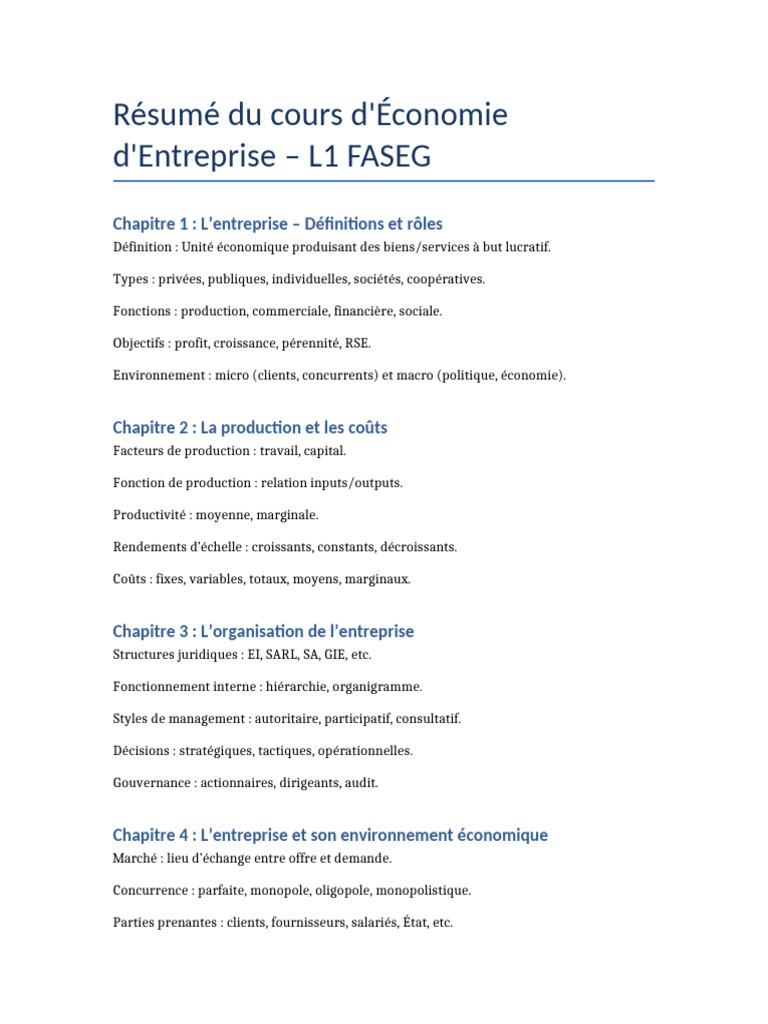 Résumé du cours d'Économie d'Entreprise | PDF